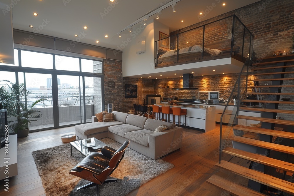 This stunning interior showcases a modern loft apartment with high ...
