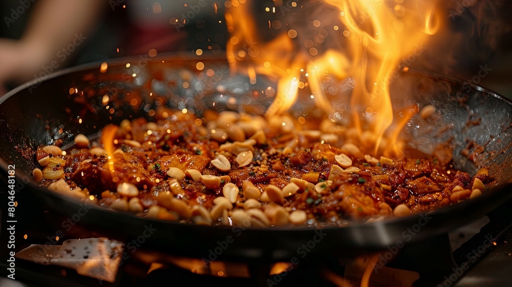 A tantalizing scene of a flaming massaman curry dish cooks in a copper ...