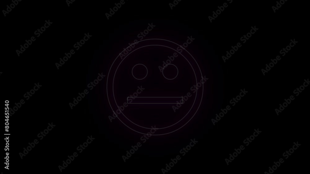 Glowing purple neon neutral face emoticon symbol blinking animation. No ...
