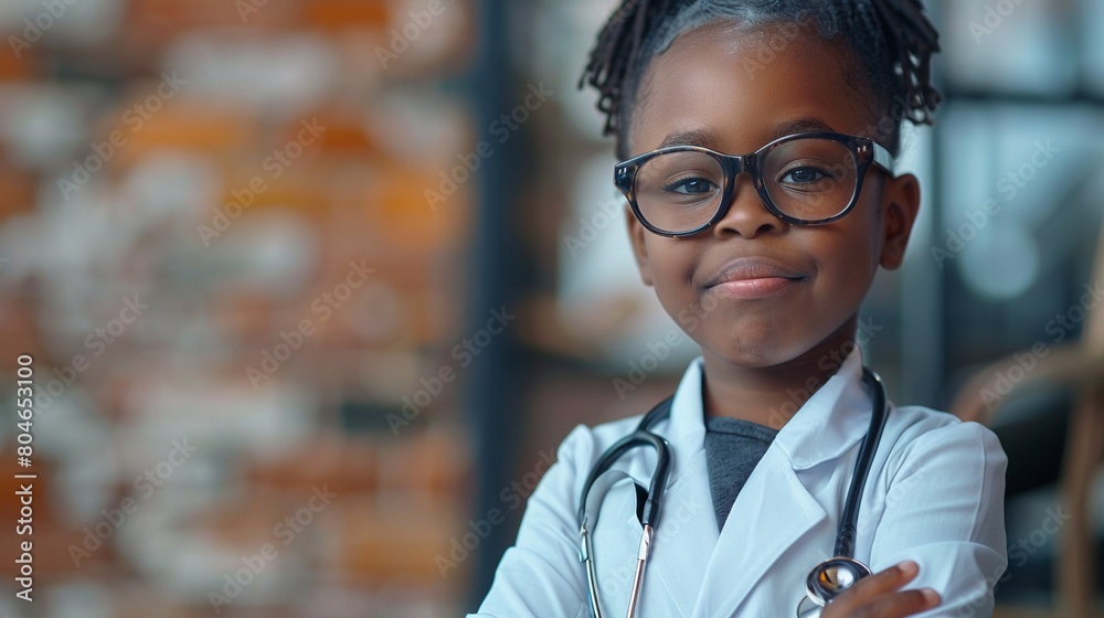 An image of an African American child in doctor attire, portraying a ...