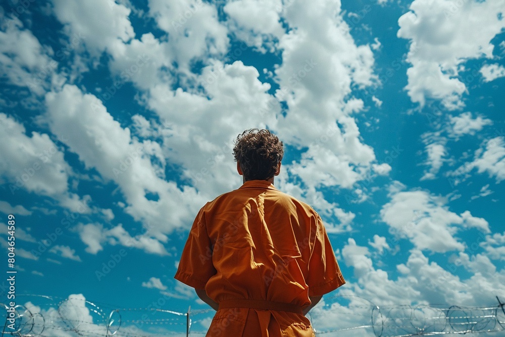 A rear view of a prisoner in an orange jumpsuit, looking out at the sky ...