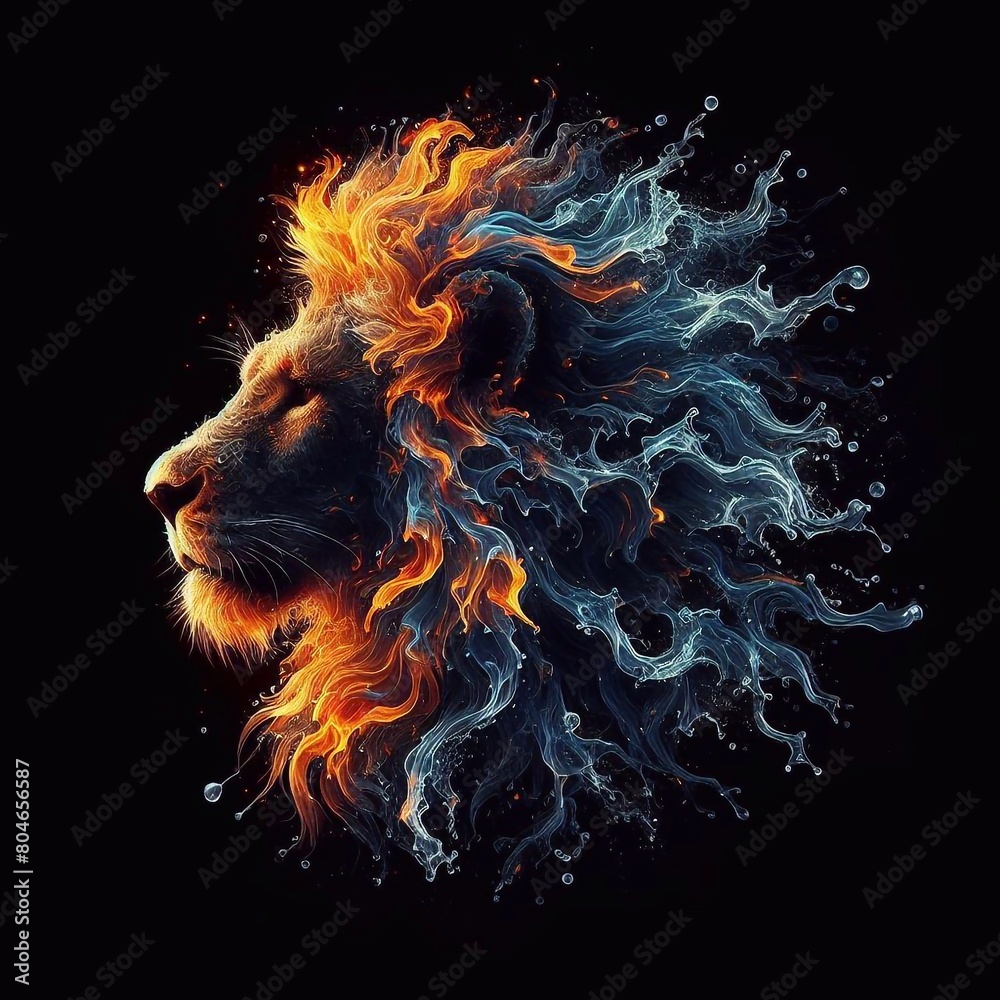 Lion head what blends Water and Fire splashing. AI generated ...