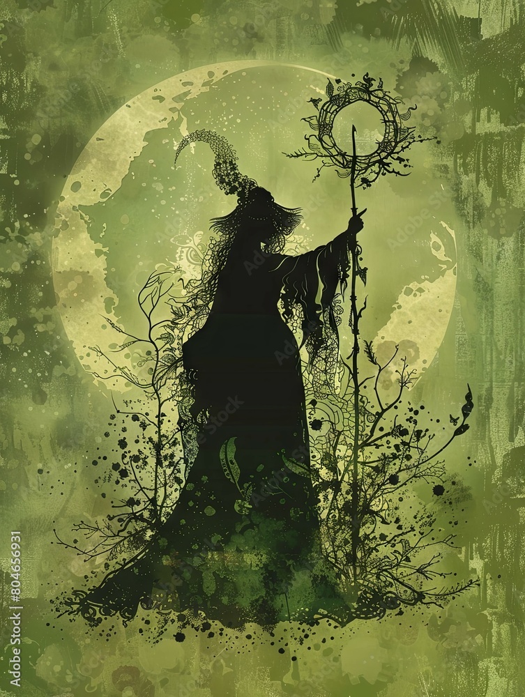 A solitary Wiccan priestess stands in a powerful silhouette against an ...