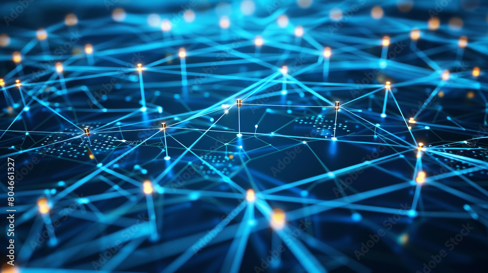 Futuristic network topology with a deep blue background and glowing ...
