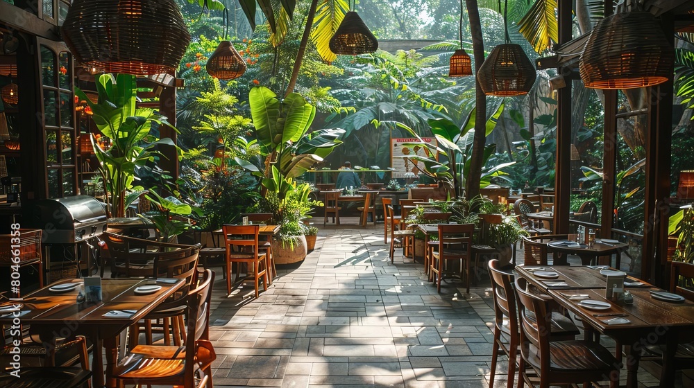 A tropical hotel cafeteria with openair seating, lush greenery, and a ...