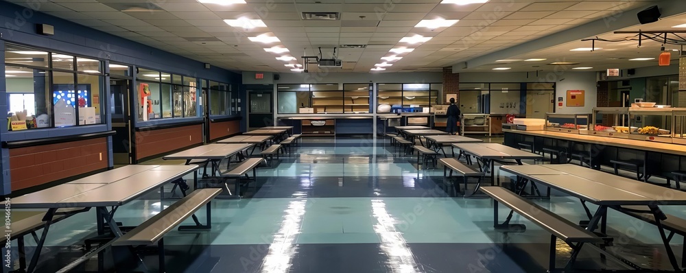 A quiet school cafeteria in the morning before students arrive, showing ...