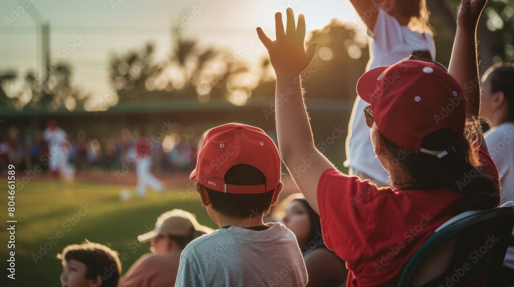Parents and kids watching youth sports game, in the crowd at stadium ...