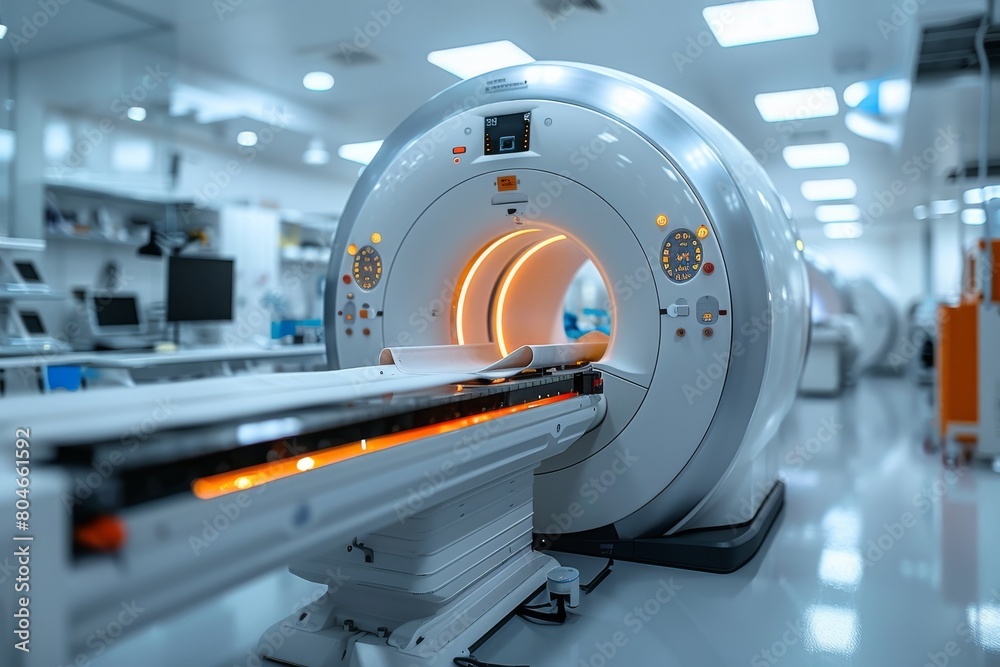 A modern MRI scanner dominates the room in a clinical setting ...