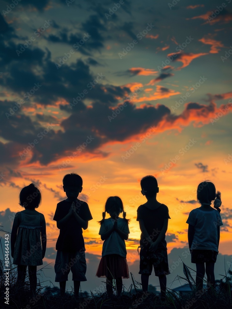 Silhouette back refugee kid group.Responsible.Kid child boy and girl ...