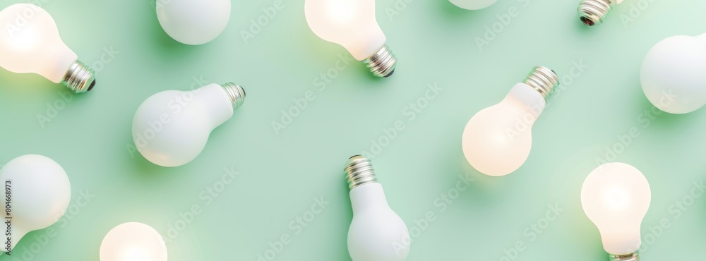 Scattered white light bulbs on pastel green background convey energy ...