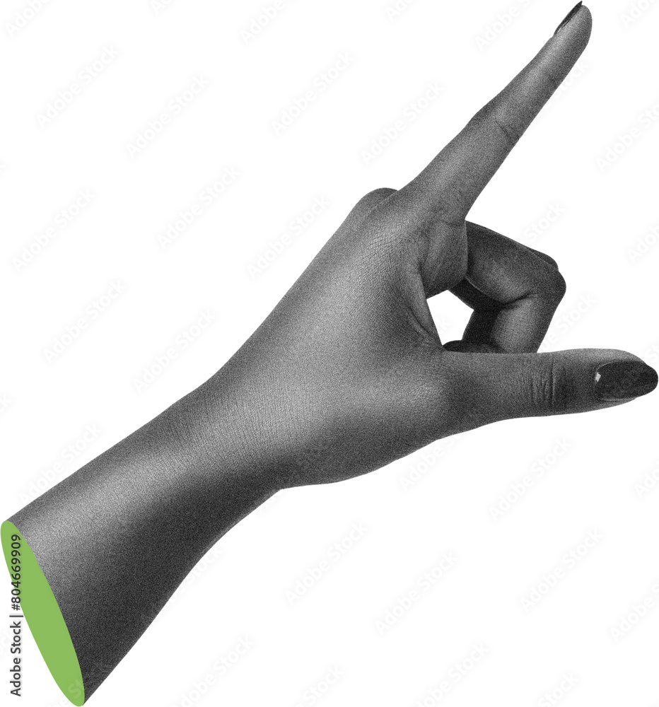Black and white grained African woman's hand pointing finger to side ...