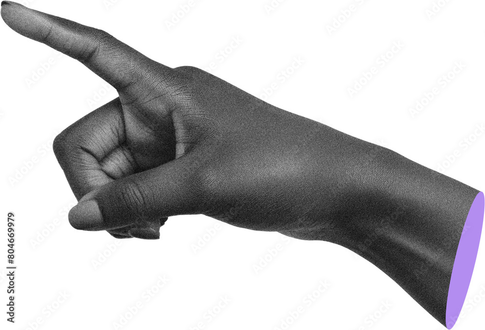 Black and white grained African woman's hand pointing finger to side ...