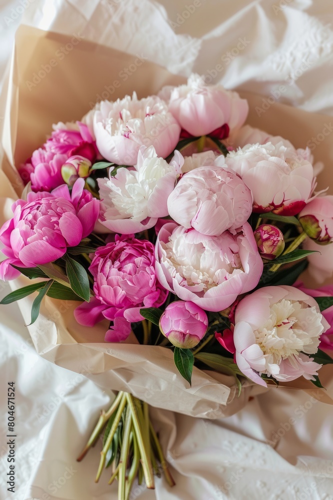 Bouquet of peonies in packaging, photo, centered, cream background ...