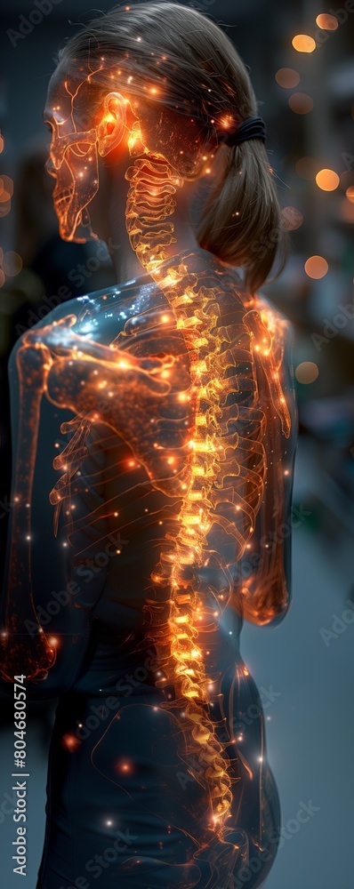 Profile and backside view on standing girl. X-ray of upper part of ...