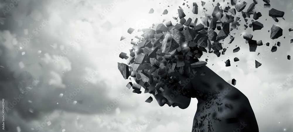 A human figure with an explosion of fragments coming out from the head ...