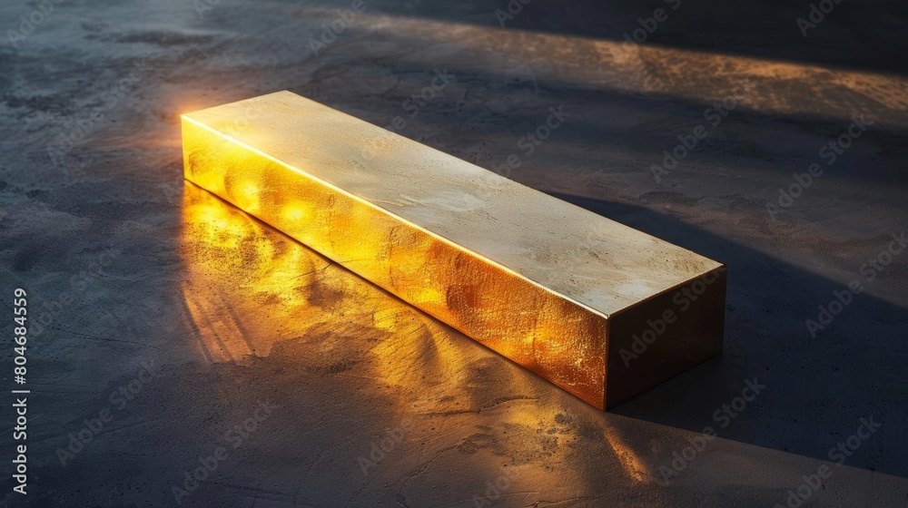 A gold bar sits on a concrete surface. The bar is reflecting the light ...