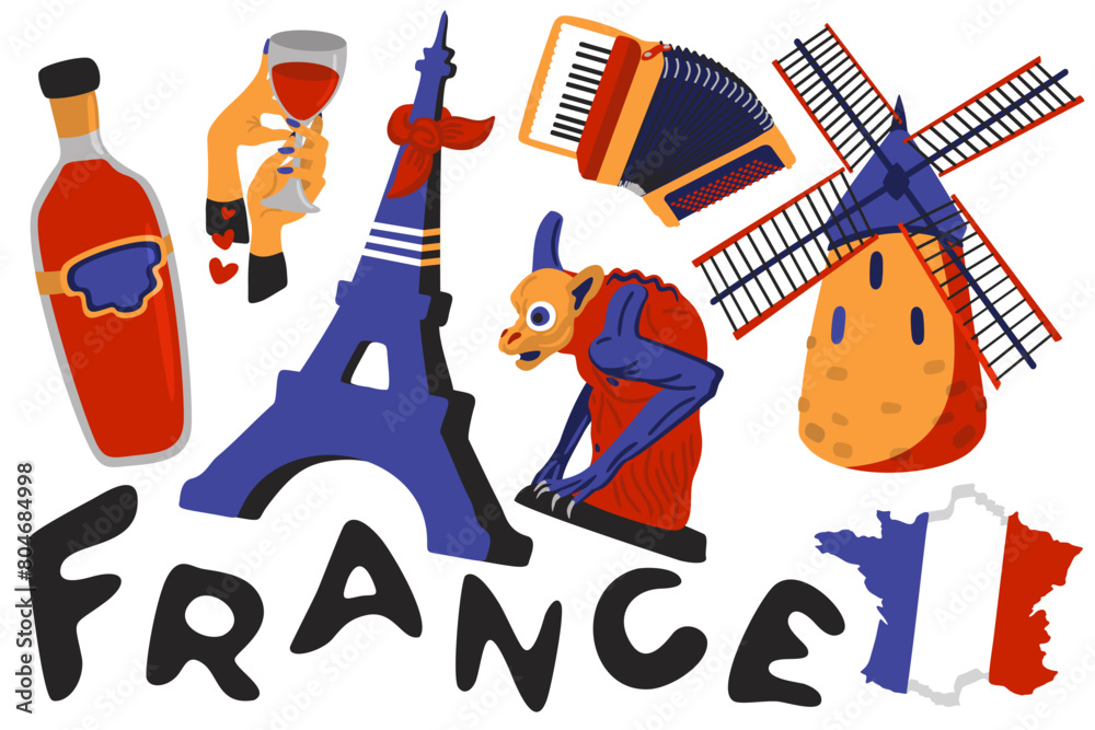 France. Bright vector set of french symbols. Red wine, Eiffel tower ...