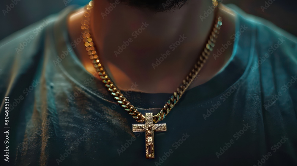 Christian cross on man neck. Golden christ cross on a chain around the ...