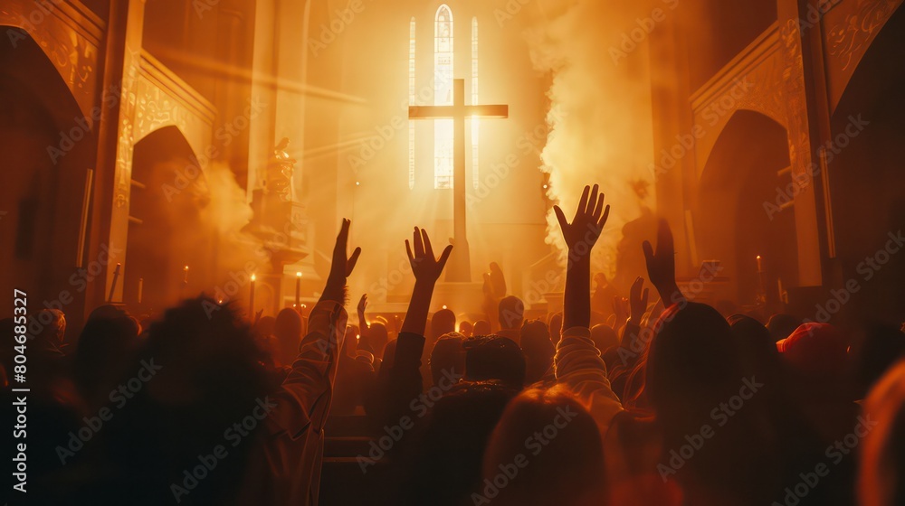 Church worship concept. Christians with raised hands pray and worship ...