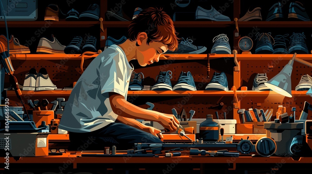 A young boy working as a cobbler, flat solid color illustration ...
