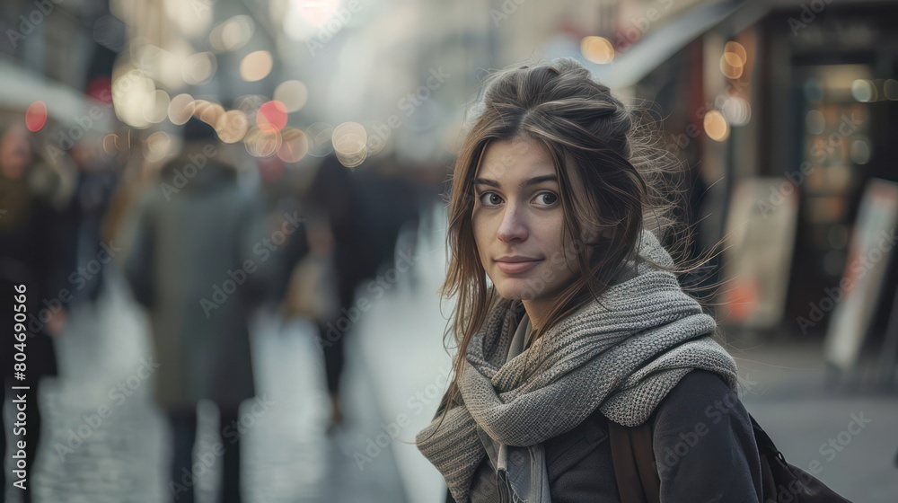 Charming young woman with a light smile gives a glance in a busy urban ...