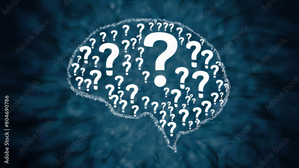 Mysterious brain outline filled with question marks against a dark ...