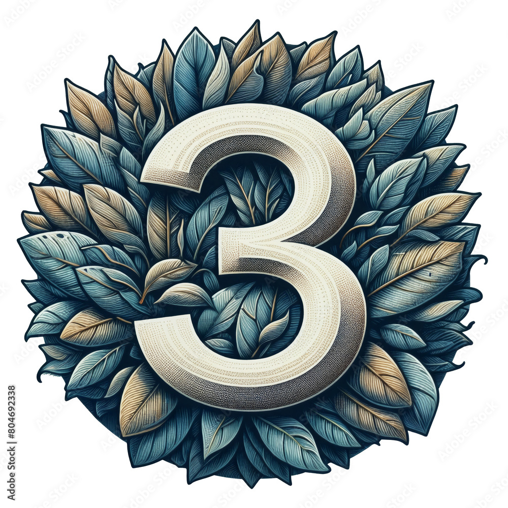 Metallic Number Three (2) Encircled by a Flourishing Botanical Motif ...