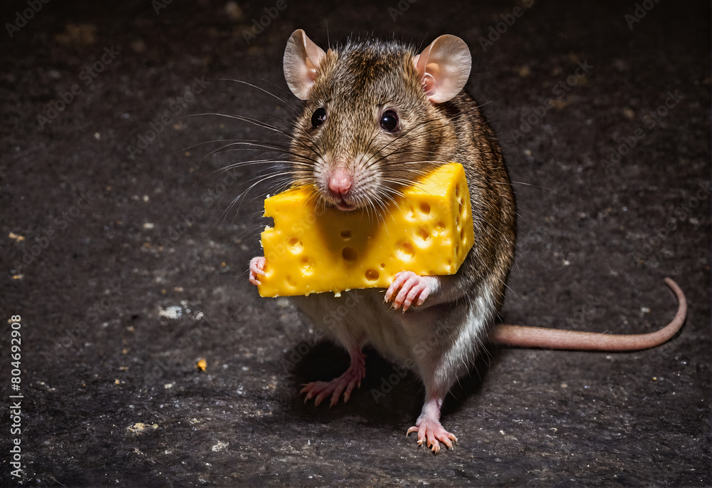Rat eating cheese. Pests in agriculture and households. Stock ...