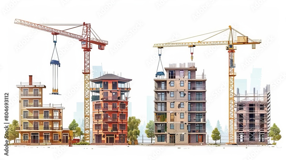 Four unfinished buildings silhouettes Industrial cranes Process of ...