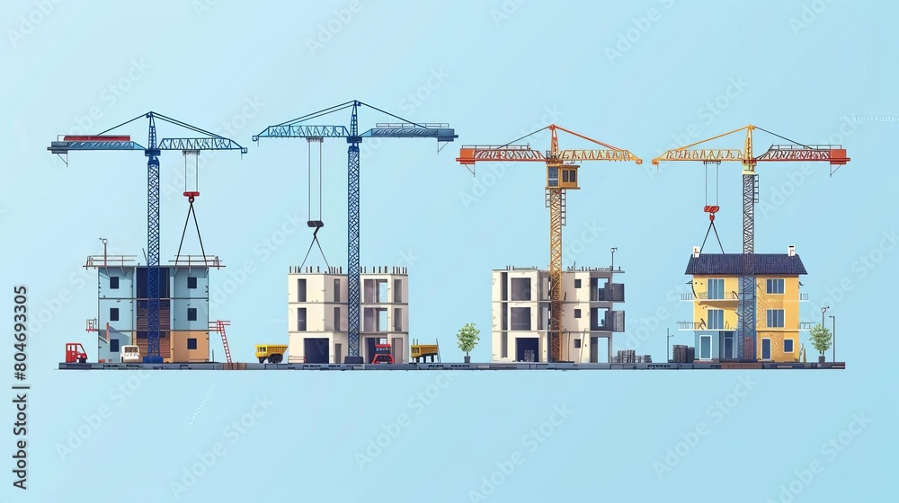 Four unfinished buildings silhouettes Industrial cranes Process of ...