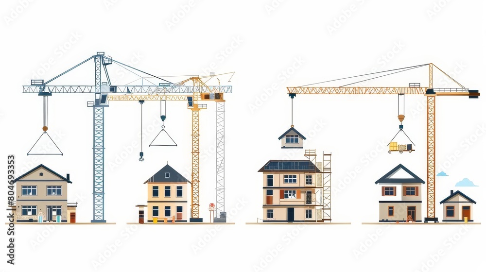 Four unfinished buildings silhouettes Industrial cranes Process of ...
