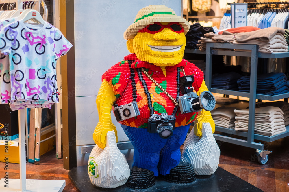 Copenhagen, Denmark - April 7, 2024: Huge Lego sculpture of a smiling ...