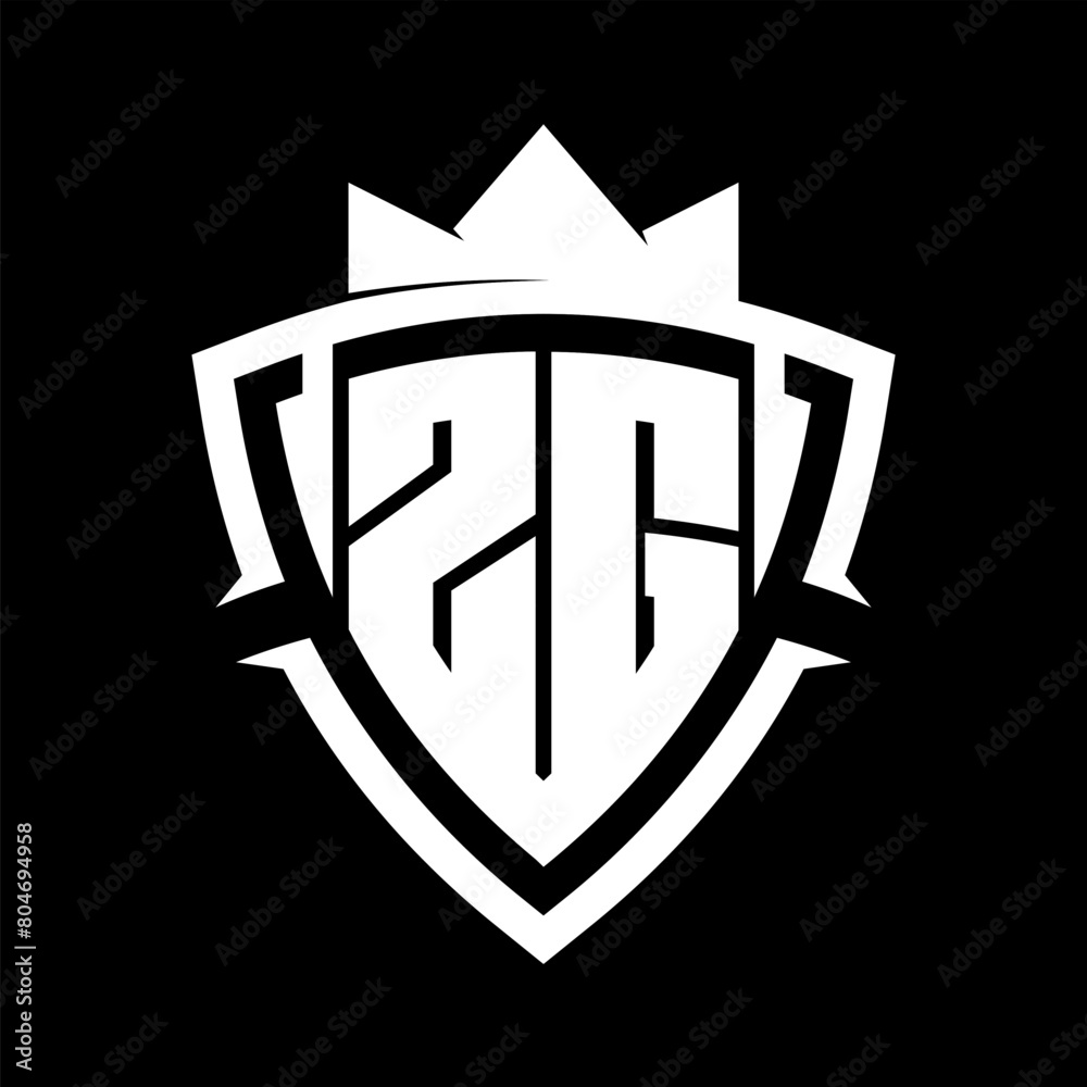 ZG Letter monogram with triangle curve shield shape with crown white and black background color ...