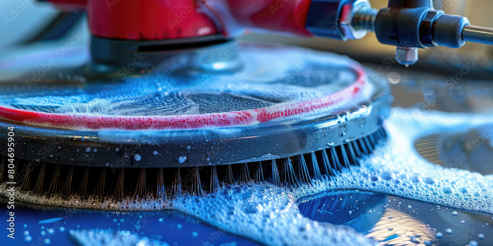 Close-up spinning brushes on a commercial cleaner, background with copy ...