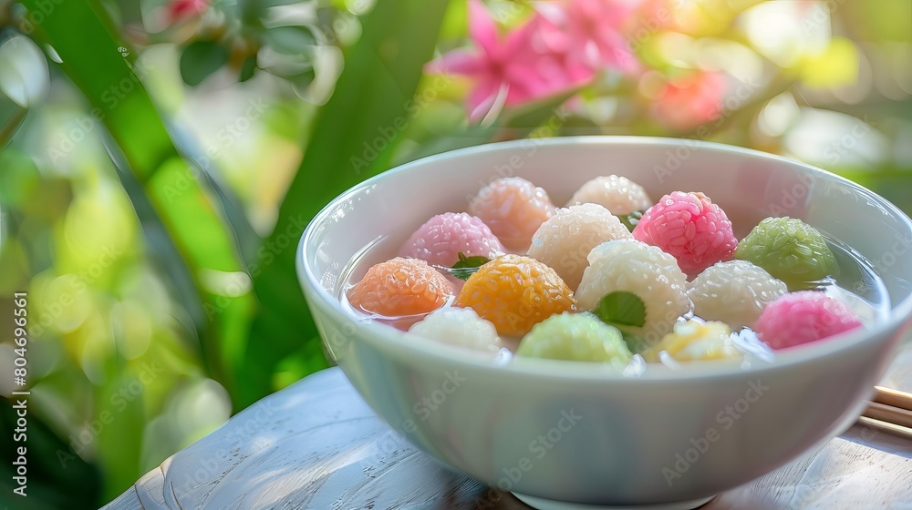 Bowl of Bua Loi with multi-colored rice balls in coconut milk, outdoor ...