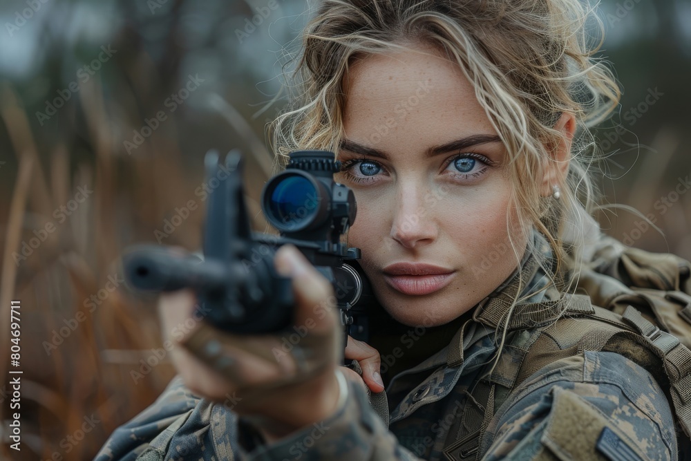 Intense close-up of a focused female's face aiming at a target with her ...