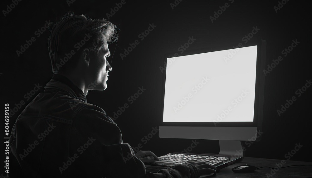 The photo shows a person sitting in a dark room, looking at a bright ...