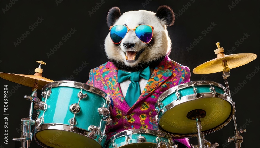 panda playing drums in colorful retro suit with sunglasses like a ...