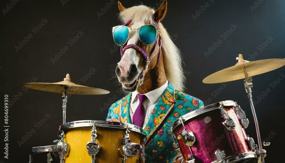 horse playing drums in colorful retro suit with sunglasses like a ...