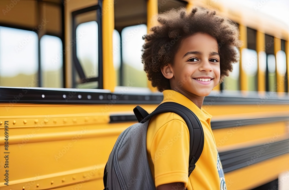 Little schoolboy on yellow school bus background. Back to school ...