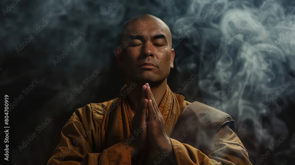 Ethnic male monk in brown religious robe with eyes closed meditating ...
