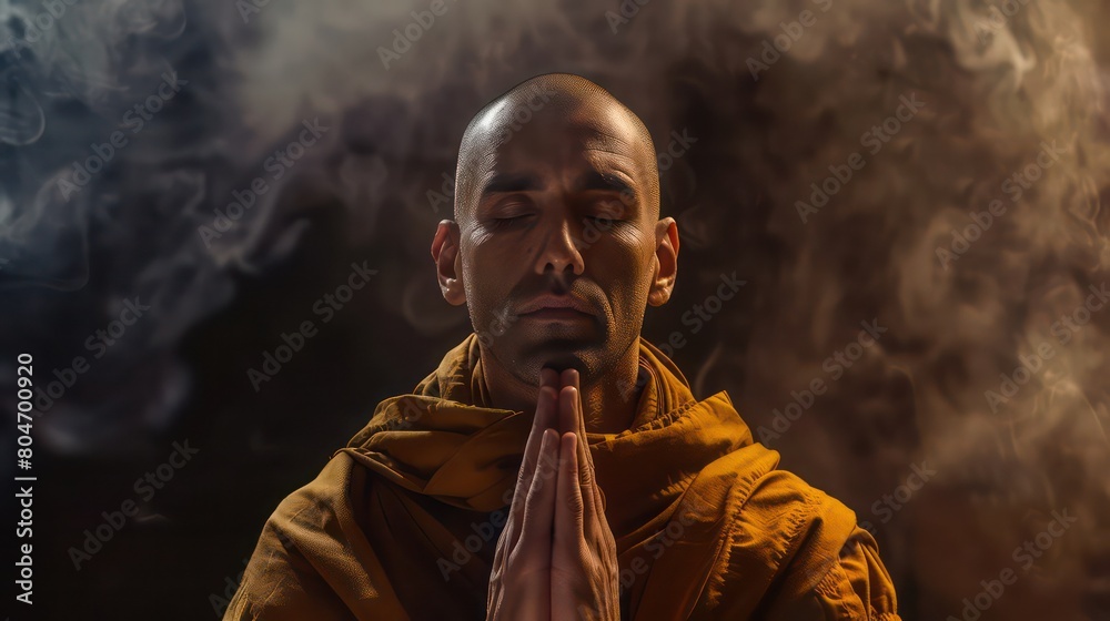 Ethnic male monk in brown religious robe with eyes closed meditating ...