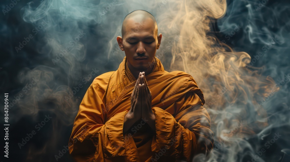 Ethnic male monk in brown religious robe with eyes closed meditating ...