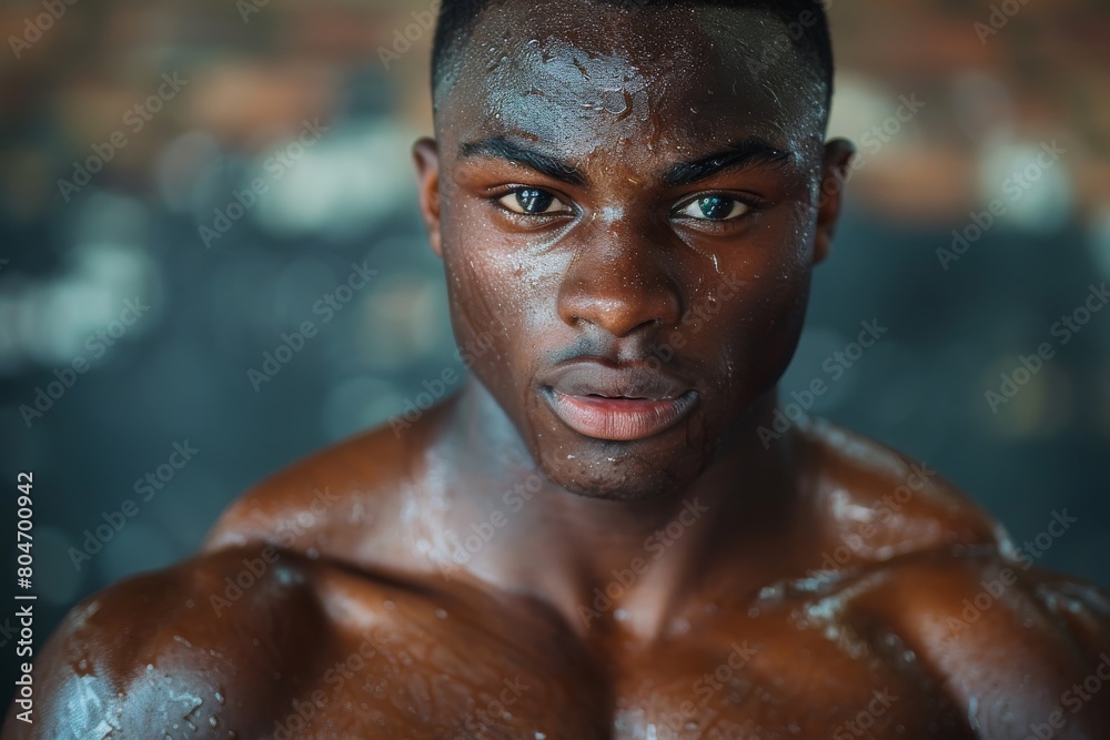 Intense portrait of a sweat-soaked male boxer with a piercing gaze and ...