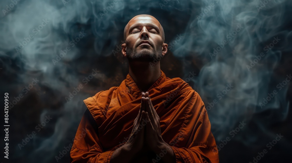 Ethnic male monk in brown religious robe with eyes closed meditating ...