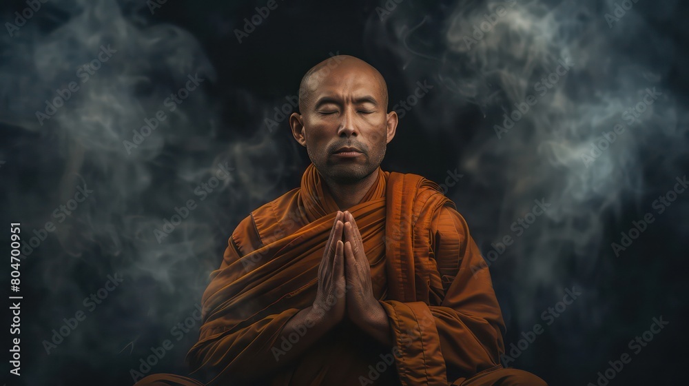 Ethnic male monk in brown religious robe with eyes closed meditating ...