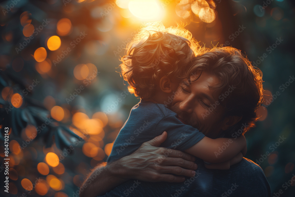 Father, bonding kiss and boy child hug happy. Happiness, laughing and ...