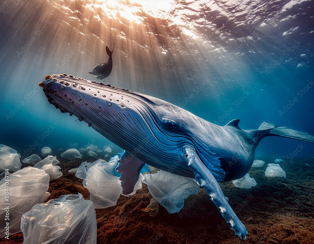 Ballena azul rodeada de bolsas de plástico por la contaminación de los ...