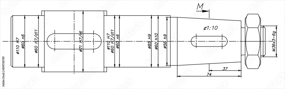 Vector engineering drawing of steel mechanical part with through holes ...