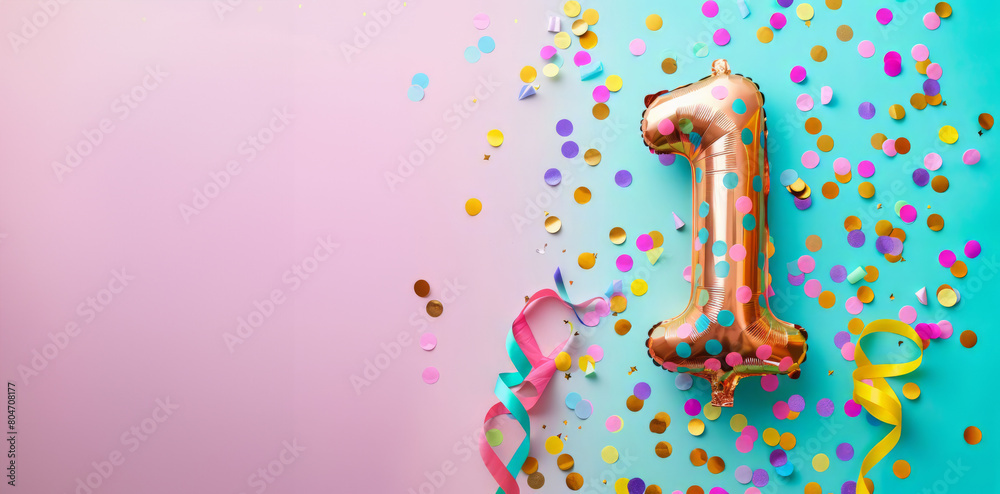 Number 1 happy birthday background. Foil party balloon with confetti ...